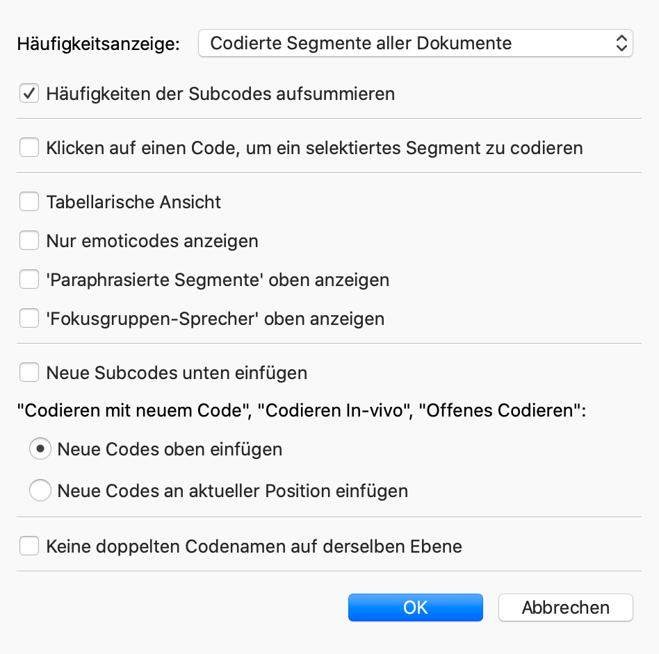 MAXQDA Online-Hilfe: Menüs im Fenster Liste der Codes - MAXQDA