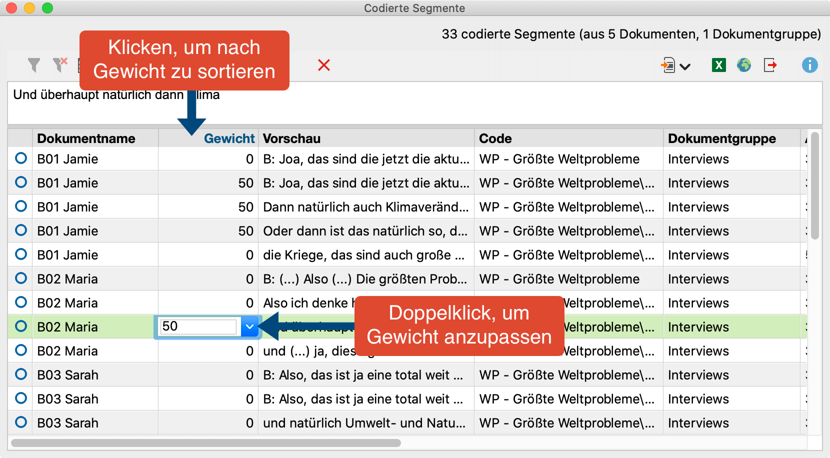 Gewichte für codierte Segmente - MAXQDA - MAXQDA