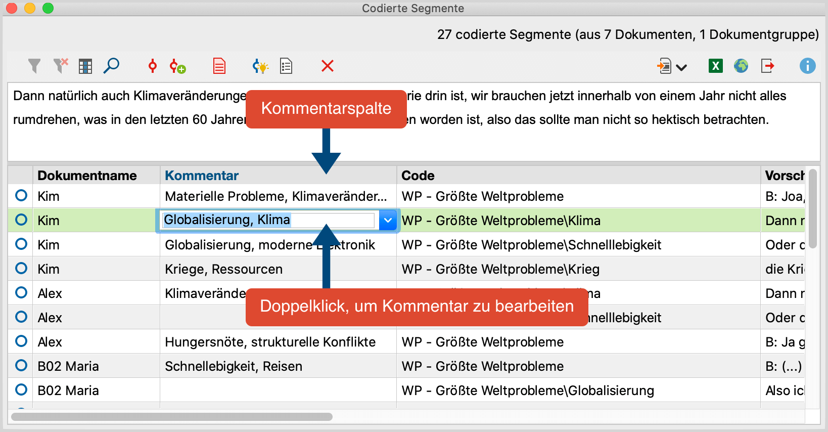 Kommentare für codierte Segmente - MAXQDA