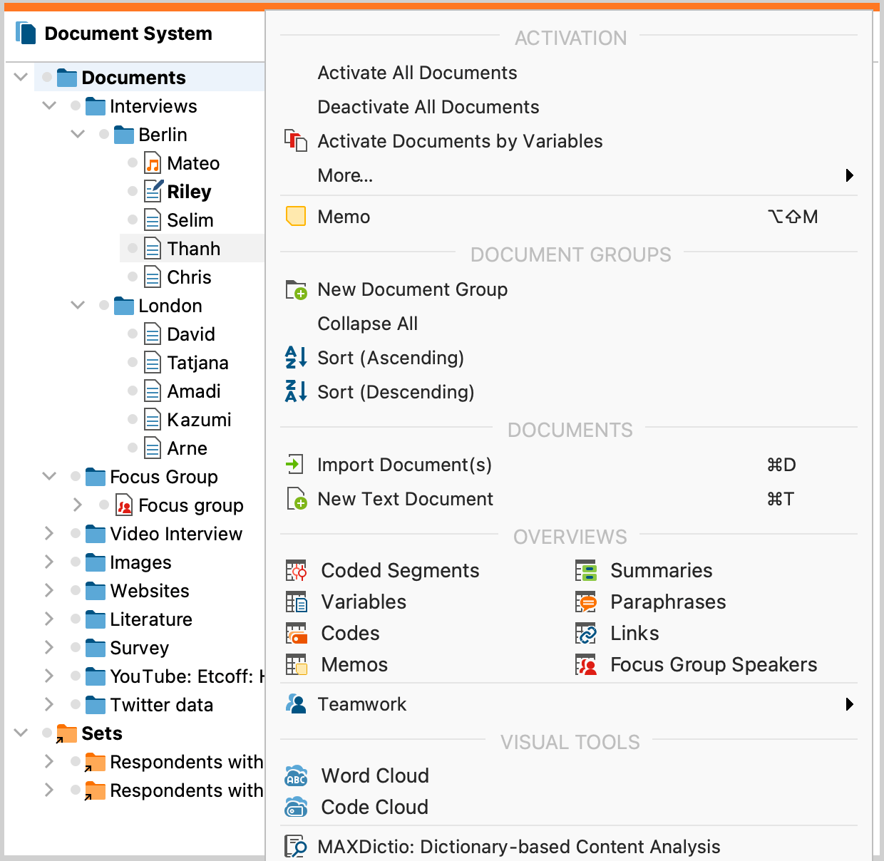 MAXQDA 2022 Online Manual: Context Menus and Toolbar in the "Document System"
