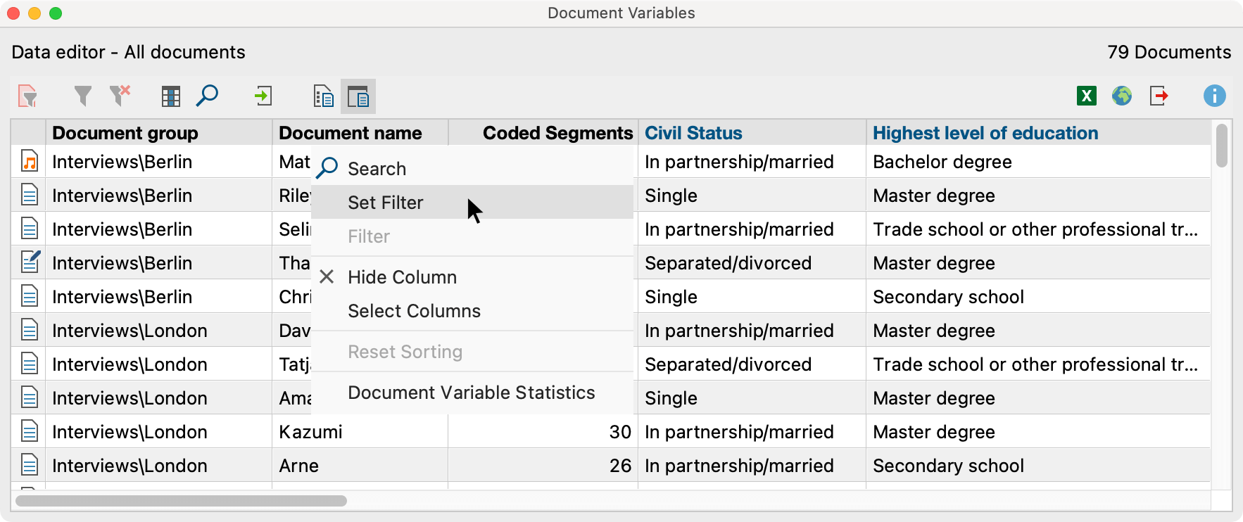 MAXQDA 2022 Online Manual: Managing Table Overviews