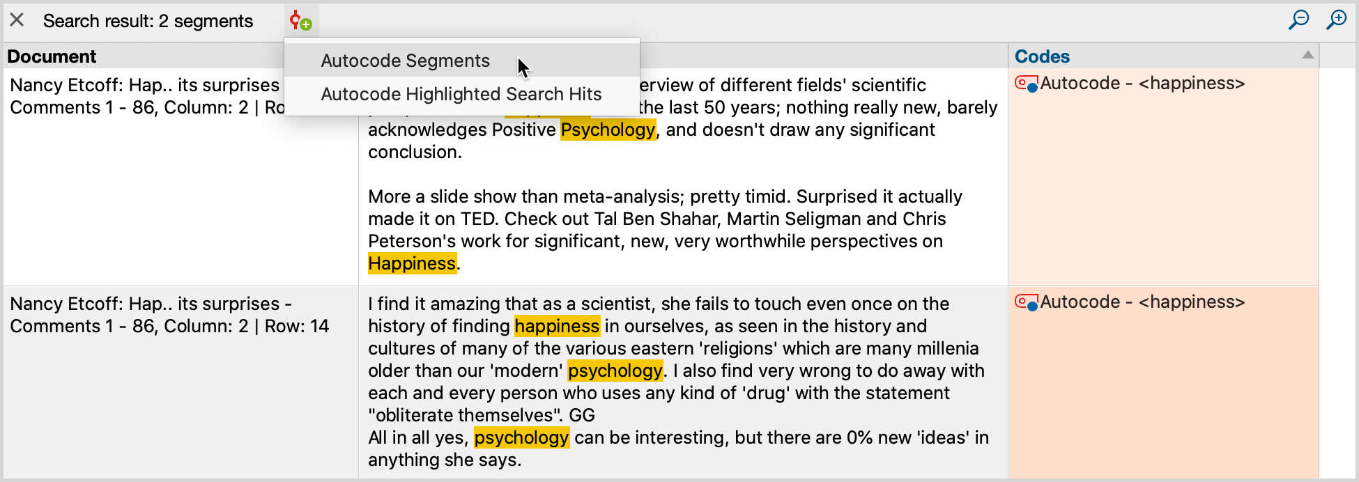 MAXQDA 2022 Online Manual: Smart Coding Tool: Working with Coded Text Segments