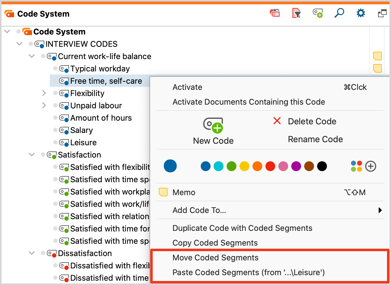 MAXQDA 2022 Online Manual: Move or Copy all Coded Segments of a Code