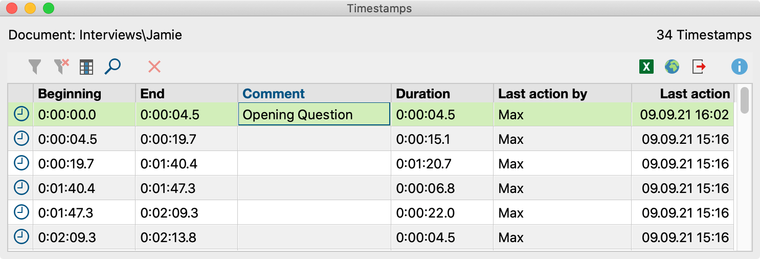 MAXQDA 2022 Online Manual: The Overview of Timestamps - MAXQDA