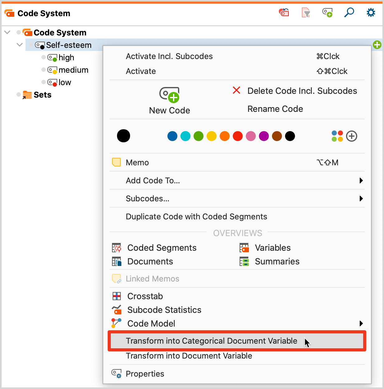 MAXQDA 2022 Online Manual: Transform a Code into a Categorical Document Variable - MAXQDA